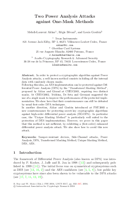 (PDF) Two Power Analysis Attacks against One-Mask Methods
