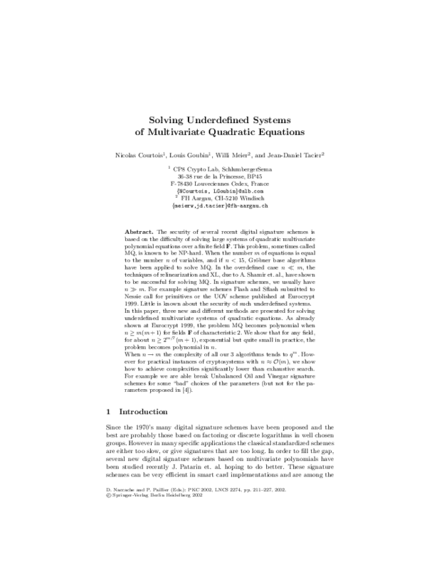 Pdf Solving Underdefined Systems Of Multivariate Quadratic Equations Louis Goubin