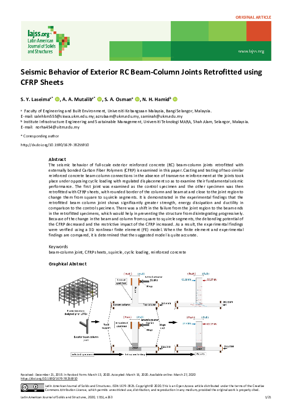 (PDF) Seismic Behavior of Exterior RC Beam-Column Joints Retrofitted using CFRP Sheets