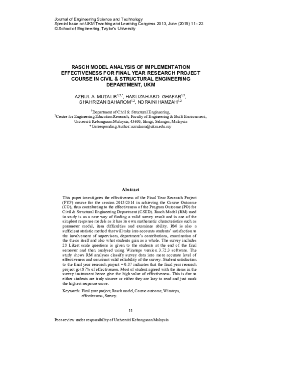 (PDF) Rasch model analysis of implementation effectiveness for final year research project ...