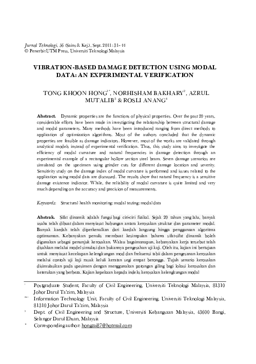 (PDF) Vibration-Based Damage Detection Using Modal Data: An Experimental Verification