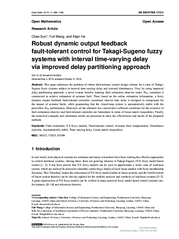 (PDF) Robust dynamic output feedback fault-tolerant control for Takagi-Sugeno fuzzy systems with ...