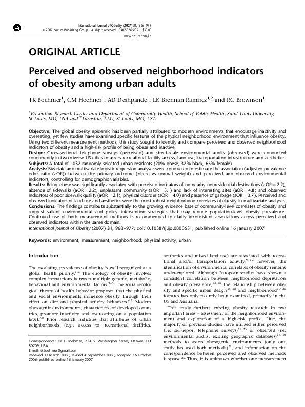 (PDF) Perceived and observed neighborhood indicators of obesity among urban adults