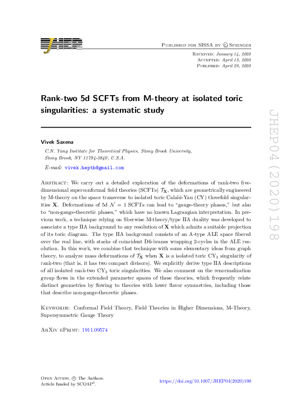 (PDF) Rank-two 5d SCFTs from M-theory at isolated toric singularities ...