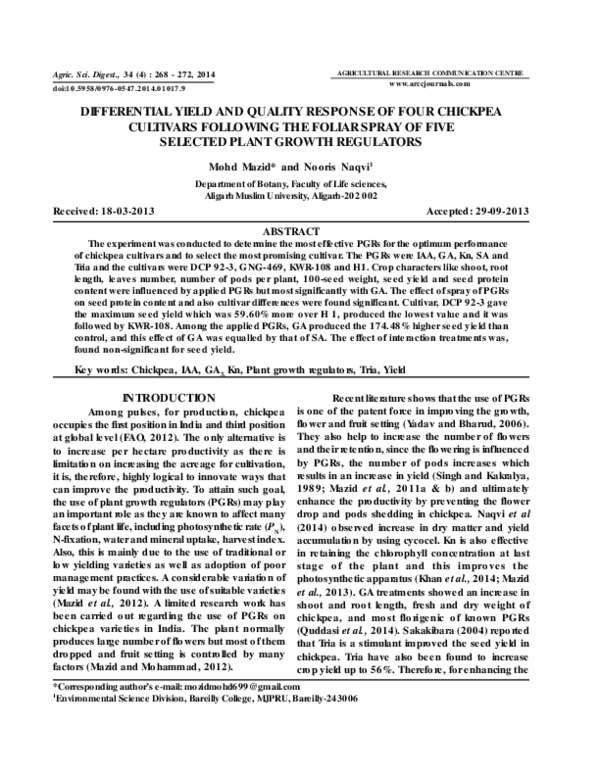 (PDF) Differential yield and quality response of four chickpea cultivars following the foliar ...
