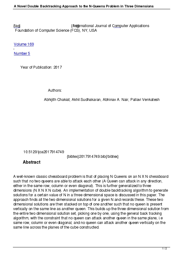Pdf A Novel Double Backtracking Approach To The N Queens Problem In Three Dimensions