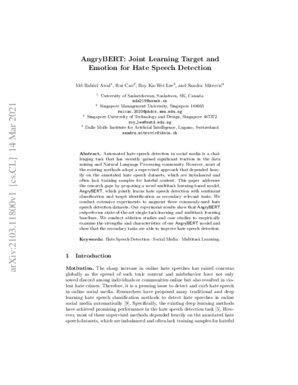 (PDF) AngryBERT: Joint Learning Target and Emotion for Hate Speech Detection | Rabiul Awal ...