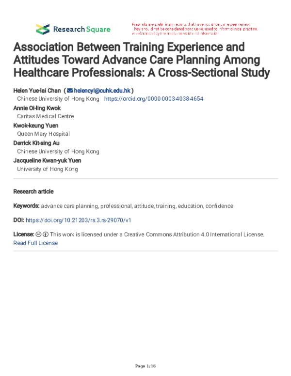 (PDF) Association Between Training Experience and Attitudes Toward Advance Care Planning Among ...
