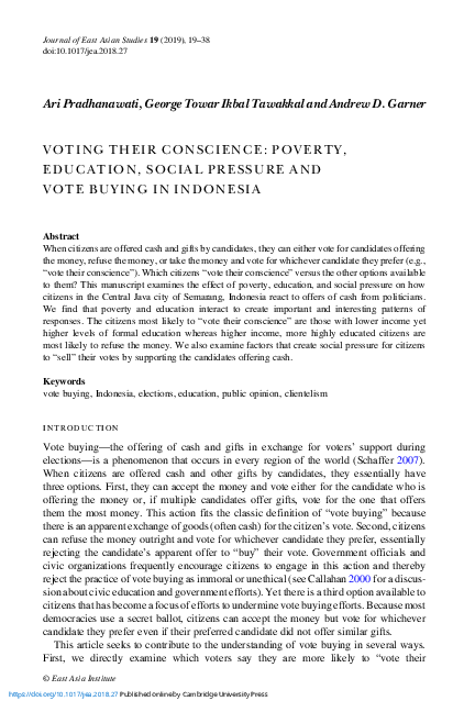 (PDF) Voting Their Conscience: Poverty, Education, Social Pressure and Vote Buying in Indonesia