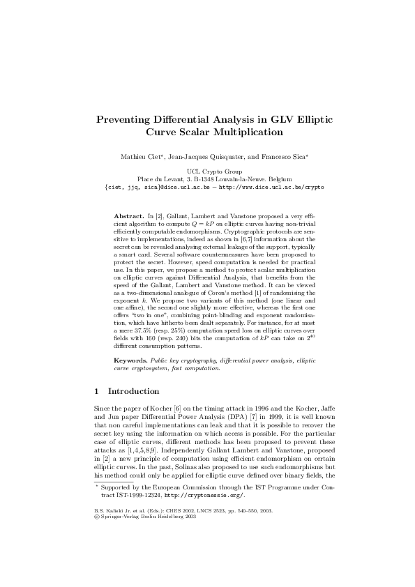 Pdf Preventing Differential Analysis In Glv Elliptic Curve Scalar Multiplication Jean