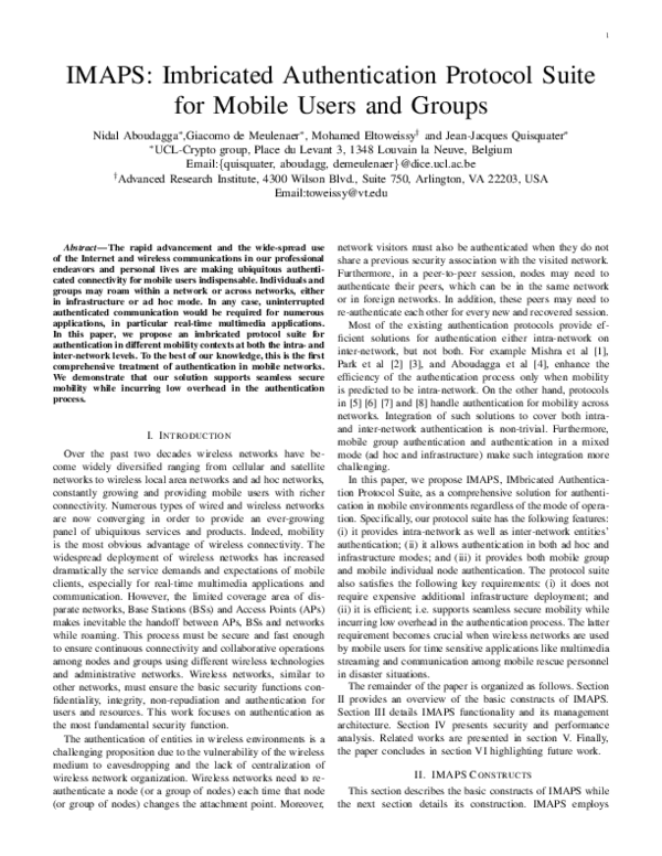 Pdf Imaps Imbricated Authentication Protocol Suite For Mobile Users And Groups Jean Jacques