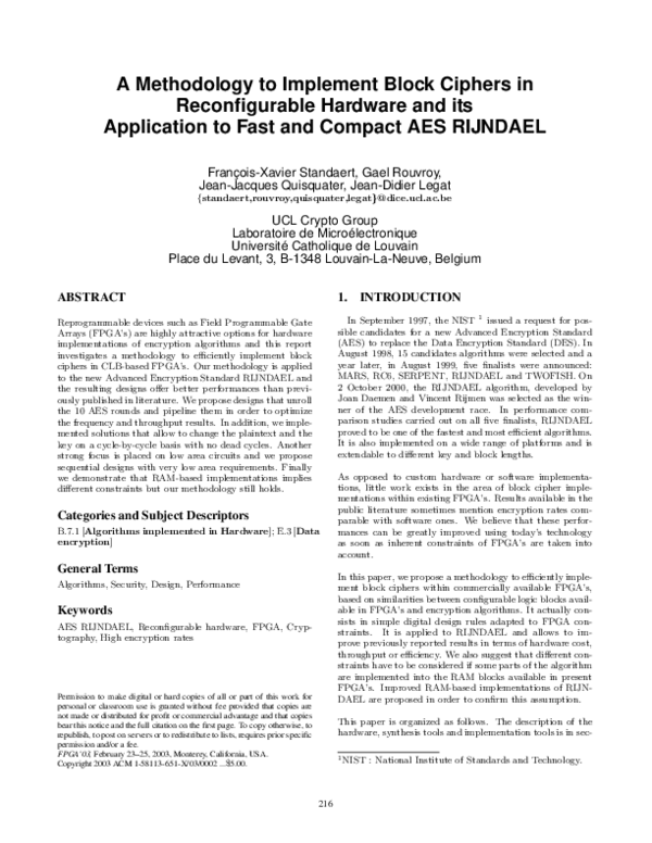 Pdf A Methodology To Implement Block Ciphers In Reconfigurable Hardware And Its Application To