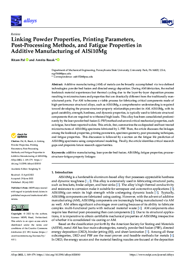 (PDF) Linking Powder Properties, Printing Parameters, Post-Processing Methods, and Fatigue ...