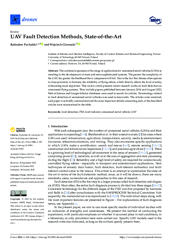 Pdf Uav Fault Detection Methods State Of The Art