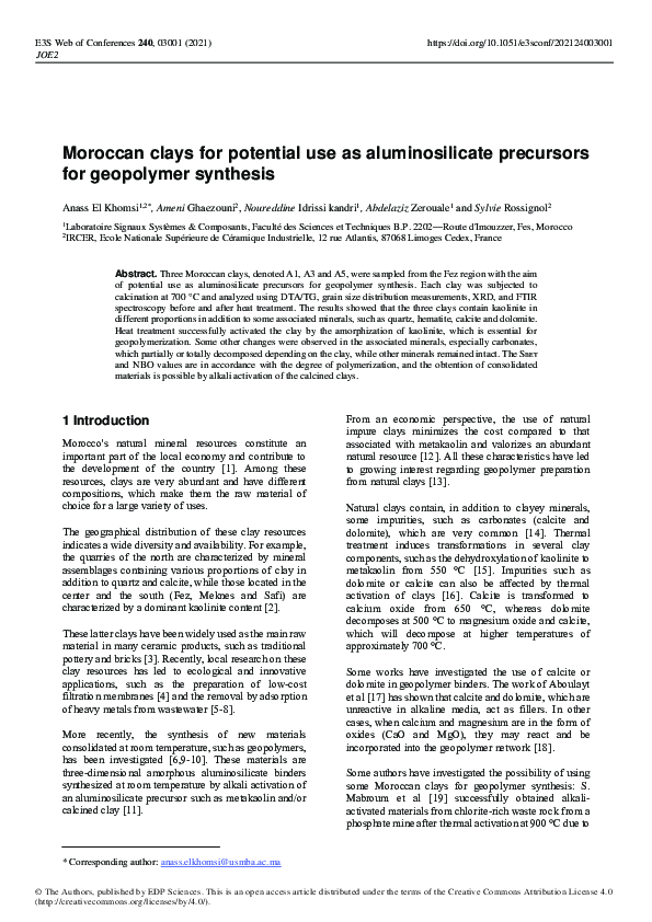 (PDF) Moroccan clays for potential use as aluminosilicate precursors ...