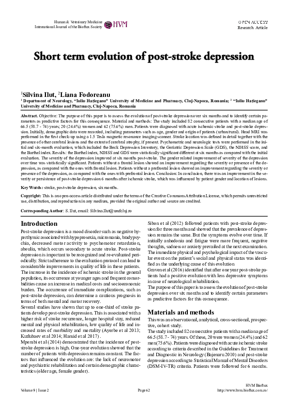 (PDF) Short term evolution of post-stroke depression 1 | Silvina Ilut ...