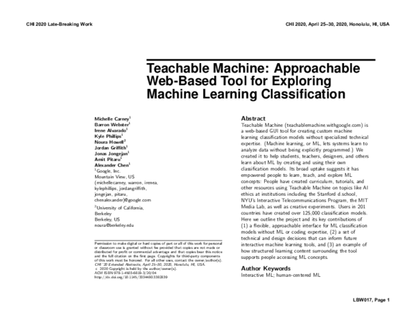 Pdf Teachable Machine Approachable Web Based Tool For Exploring Machine Learning Classification
