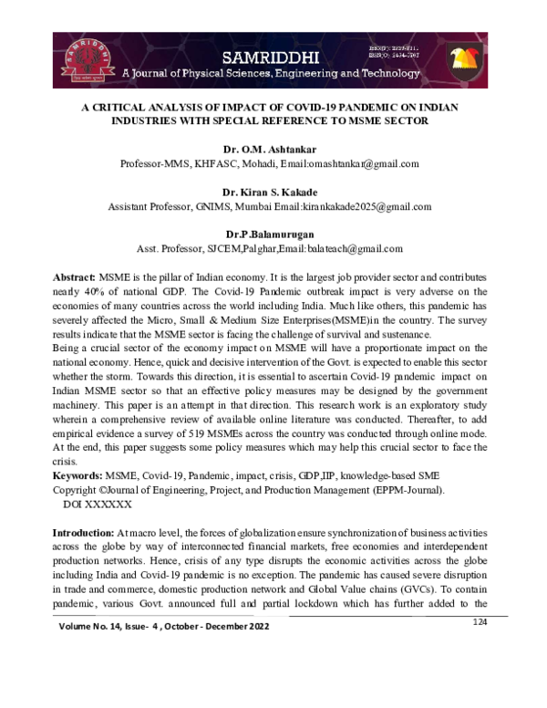 (PDF) A CRITICAL ANALYSIS OF IMPACT OF COVID-19 PANDEMIC ON INDIAN ...