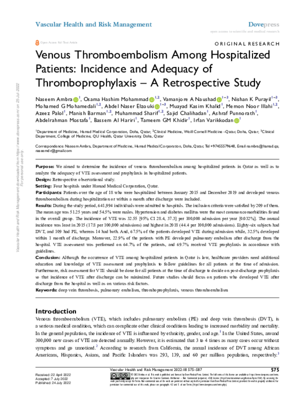 (PDF) Venous Thromboembolism Among Hospitalized Patients: Incidence and Adequacy of ...