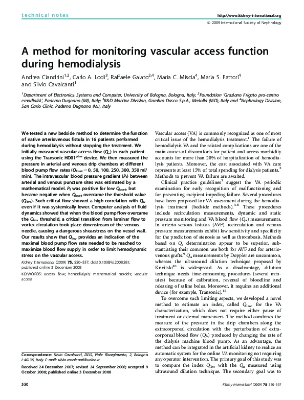 (PDF) A method for monitoring vascular access function during hemodialysis
