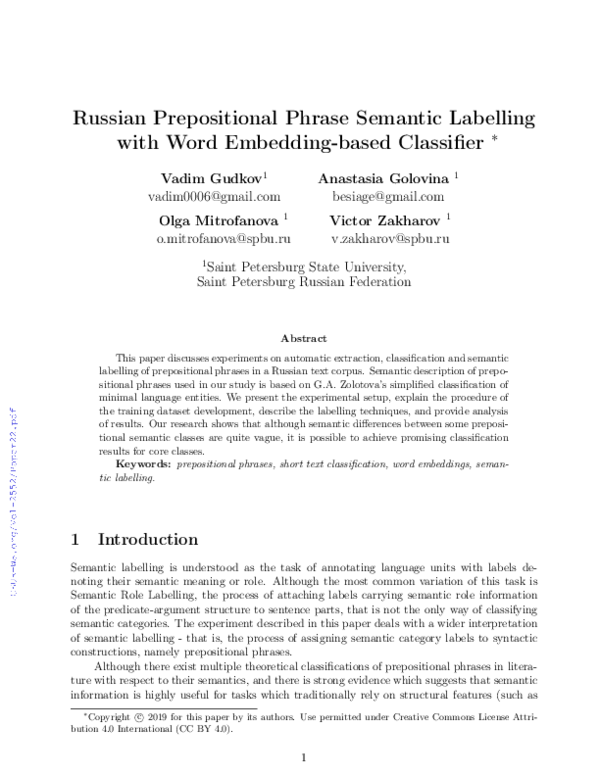 Pdf Russian Prepositional Phrase Semantic Labelling With Word Embedding Based Classifier