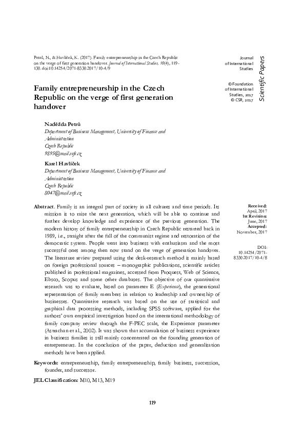 (PDF) Family entrepreneurship in the Czech Republic on the verge of ...