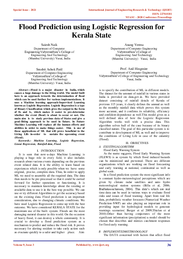 (PDF) Flood Prediction using Logistic Regression for Kerala State