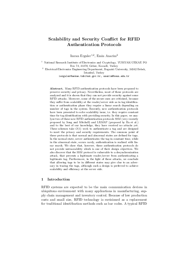 Pdf Scalability And Security Conflict For Rfid Authentication