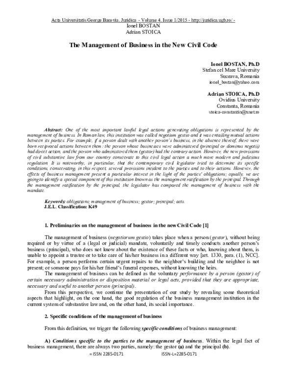 (PDF) The Management of Business in the New Civil Code Ionel BOSTAN