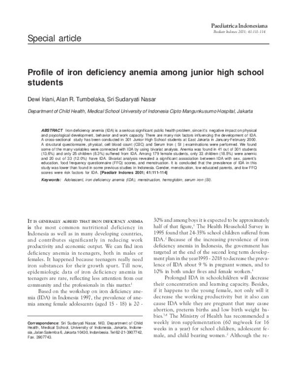 (PDF) Profile of iron deficiency anemia among junior high school students