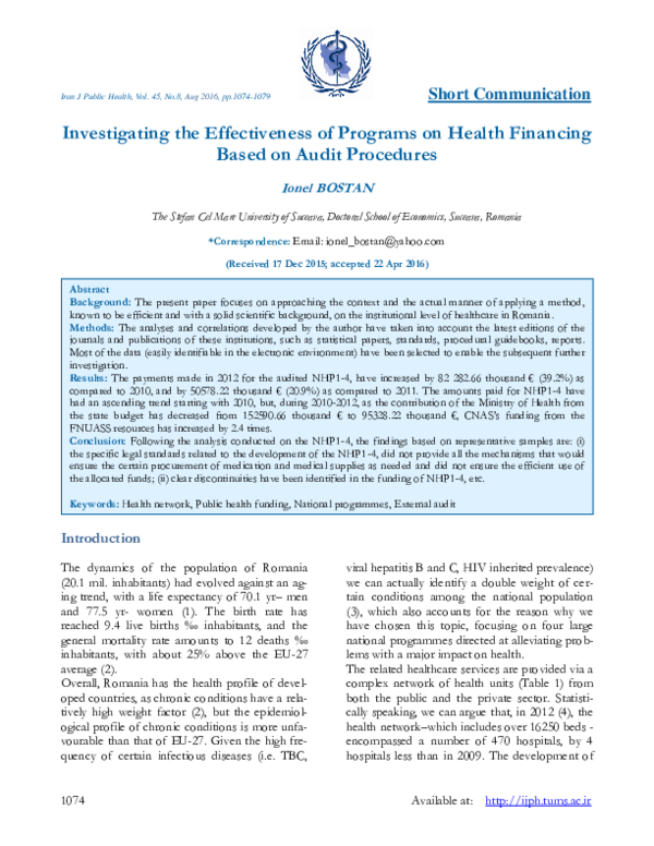 (PDF) Investigating the Effectiveness of Programs on Health Financing Based on Audit Procedures
