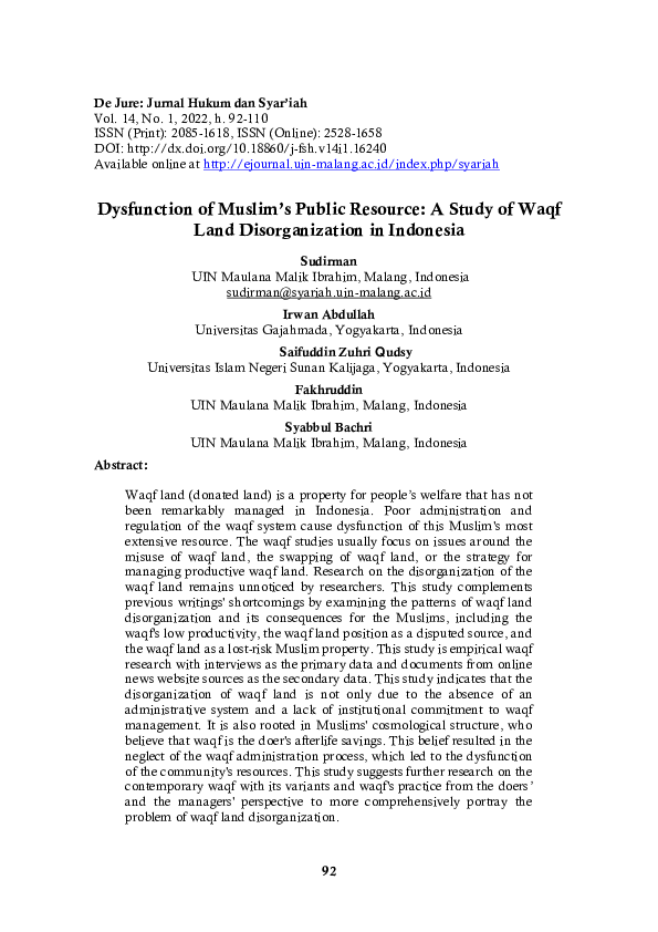 (PDF) Dysfunction of Muslim’s Public Resource: A Study of Waqf Land Disorganization in Indonesia