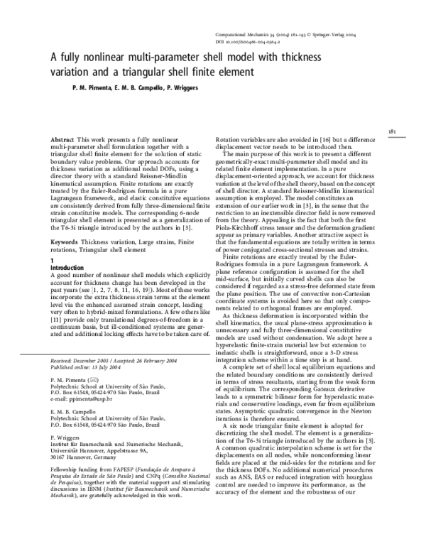 Pdf A Fully Nonlinear Multi Parameter Shell Model With Thickness