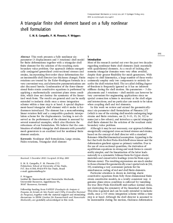 Pdf A Triangular Finite Shell Element Based On A Fully Nonlinear Shell Formulation Paulo