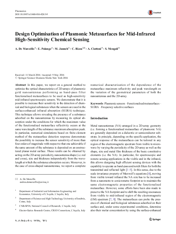 (PDF) Design Optimisation of Plasmonic Metasurfaces for Mid-Infrared High-Sensitivity Chemical ...