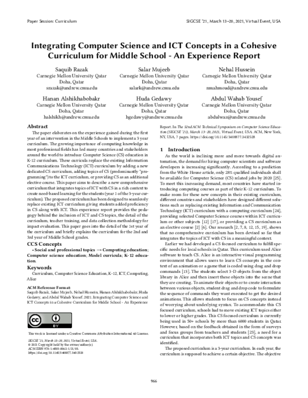 Pdf Integrating Computer Science And Ict Concepts In A Cohesive Curriculum For Middle School