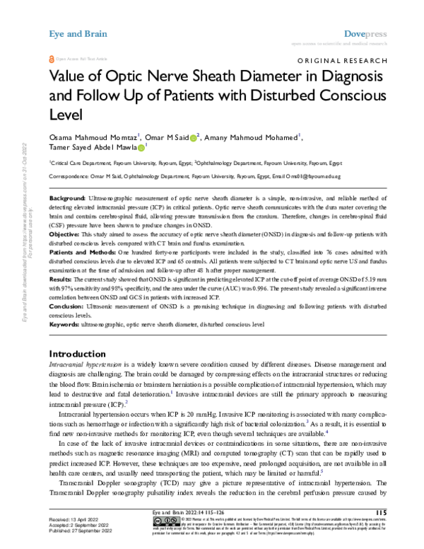 (PDF) Value of Optic Nerve Sheath Diameter in Diagnosis and Follow Up of Patients with Disturbed ...