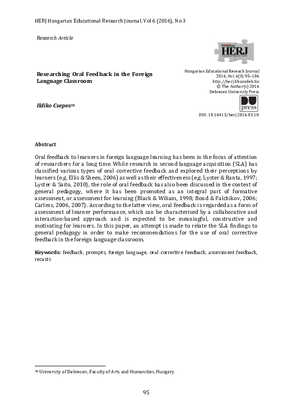 (PDF) Researching Oral Feedback in the Foreign Language Classroom