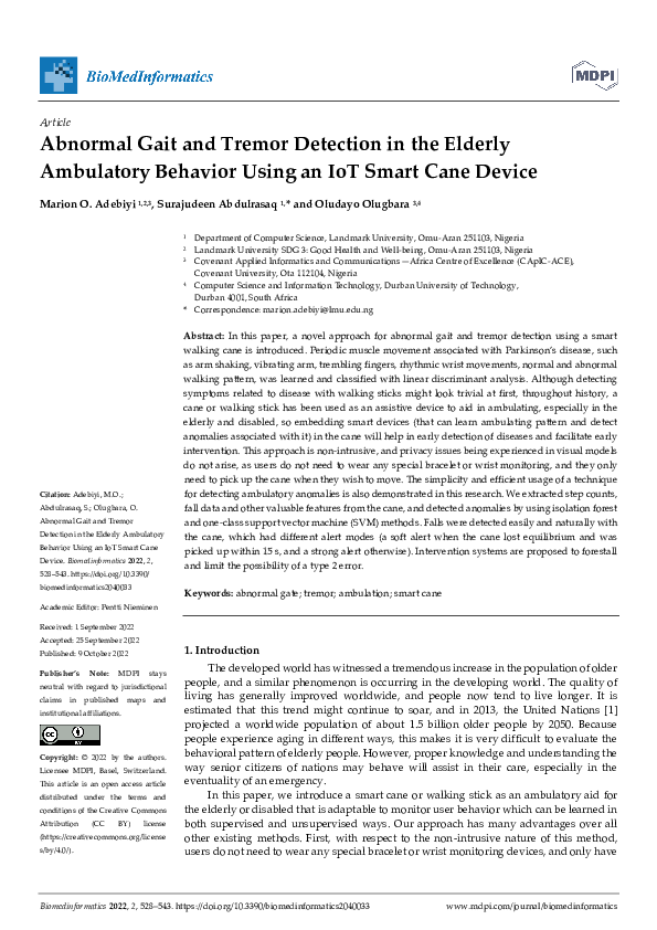 Pdf Abnormal Gait And Tremor Detection In The Elderly Ambulatory Behavior Using An Iot Smart