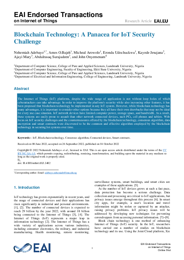 (PDF) Blockchain Technology: A Panacea for IoT Security Challenge