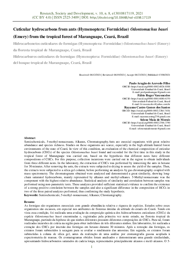 (PDF) Cuticular hydrocarbons from ants (Hymenoptera: Formicidae) Odontomachus bauri (Emery) from ...