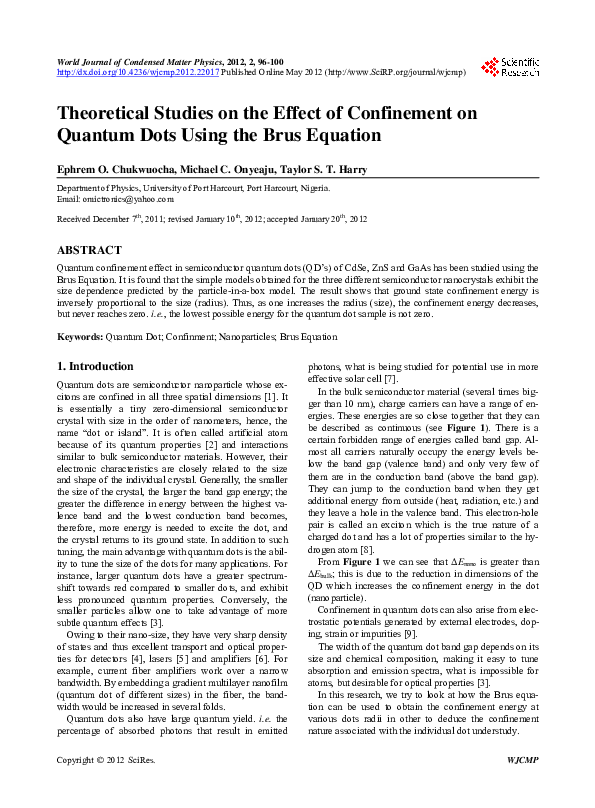 (PDF) Theoretical Studies on the Effect of Confinement on Quantum Dots ...