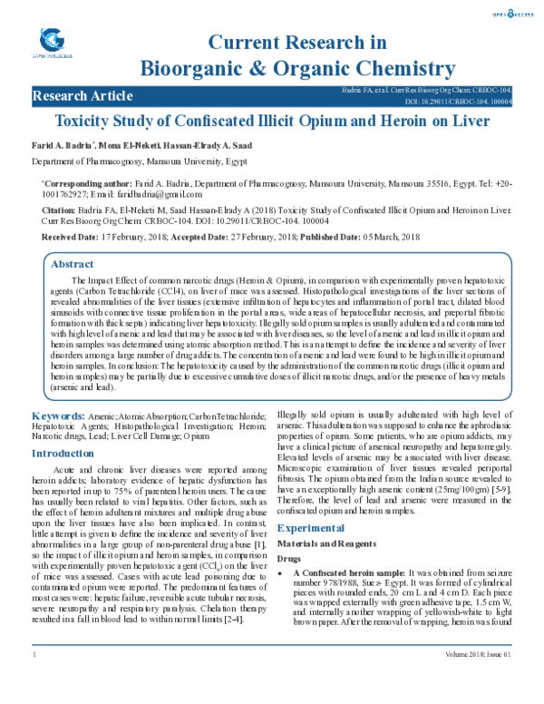 (PDF) Toxicity Study of Confiscated Illicit Opium and Heroin on Liver