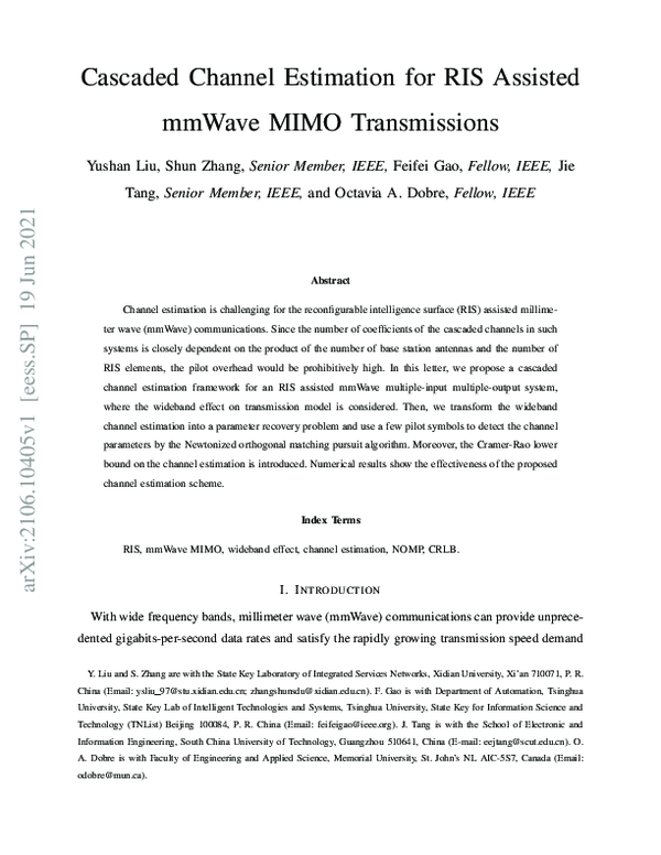 (PDF) Cascaded Channel Estimation for RIS Assisted mmWave MIMO Transmissions