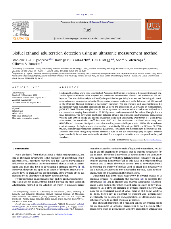 (PDF) Biofuel ethanol adulteration detection using an ultrasonic measurement method