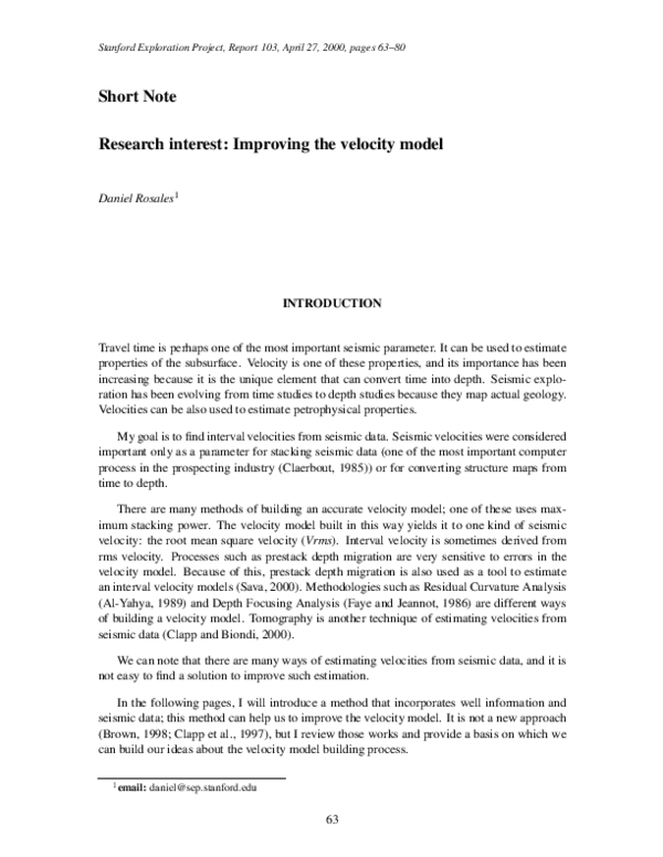 (PDF) Short Note Research interest : Improving the velocity model