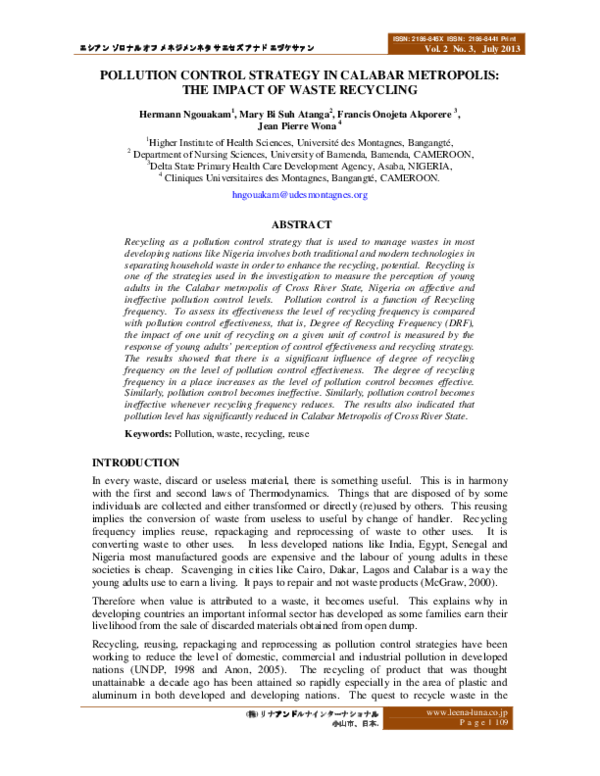 (PDF) Pollution Control Strategy in Calabar Metropolis: The Impact of ...
