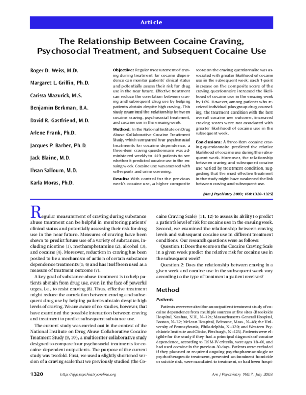(PDF) The Relationship Between Cocaine Craving, Psychosocial Treatment, and Subsequent Cocaine ...