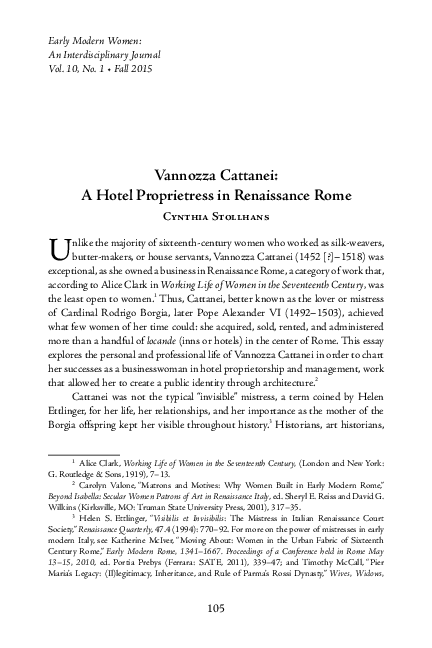 (PDF) Vannozza Cattanei: A Hotel Proprietress in Renaissance Rome