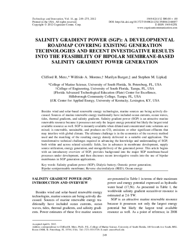 (PDF) Salinity Gradient Power (SGP): A Developmental Roadmap Covering Existing Generation ...